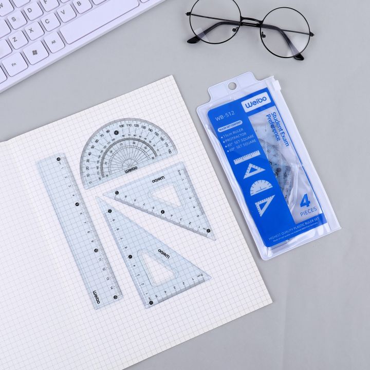 wb-512 4 in 1 Math Geometry Tool Plastic Clear Ruler Set Includes ...