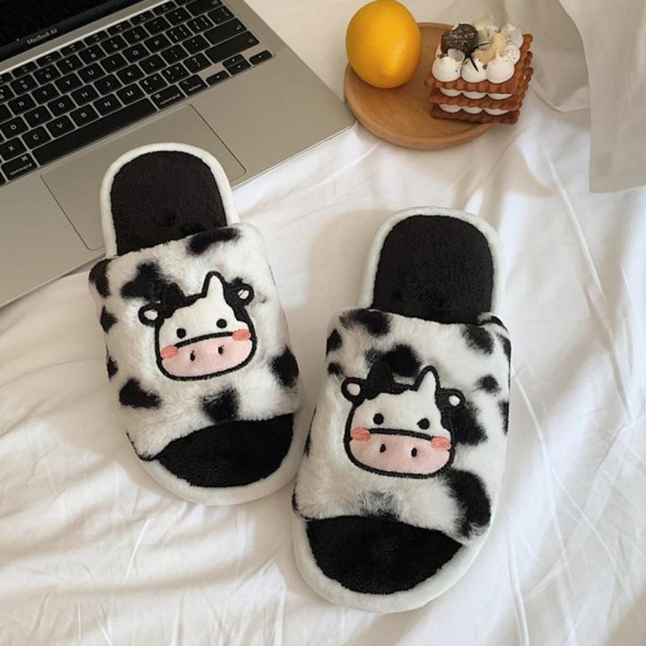 Kawaii Woman Slippers White Open-toe Cute Milk Cow Fluffy Slippers Winter Warm Fuzzy Indoor ...