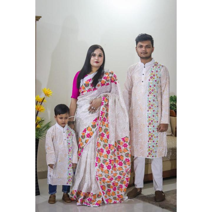 Block Print Family Set White Color Saree and Panjabi for Father Mother ...