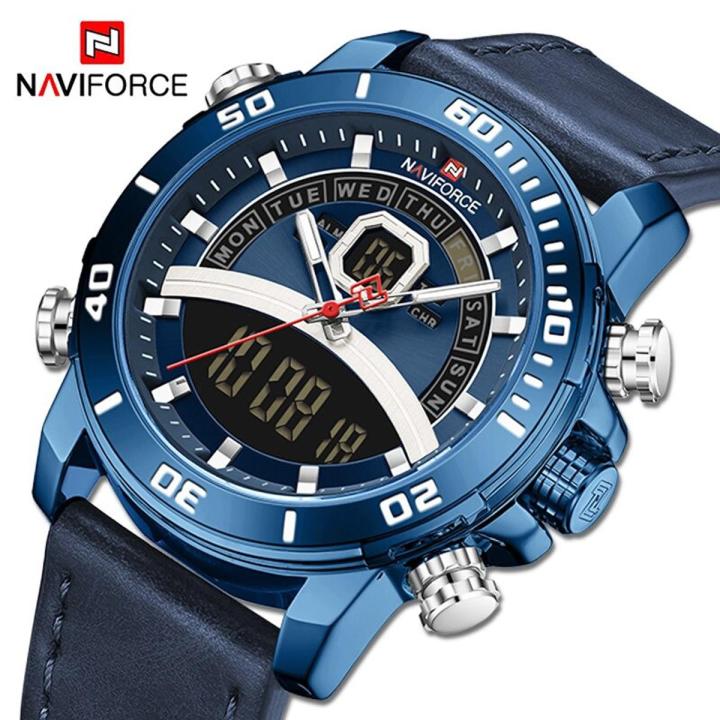 NAVIFORCE NF9181 Navy Blue PU Leather Dual Time Wrist Watch For Men ...
