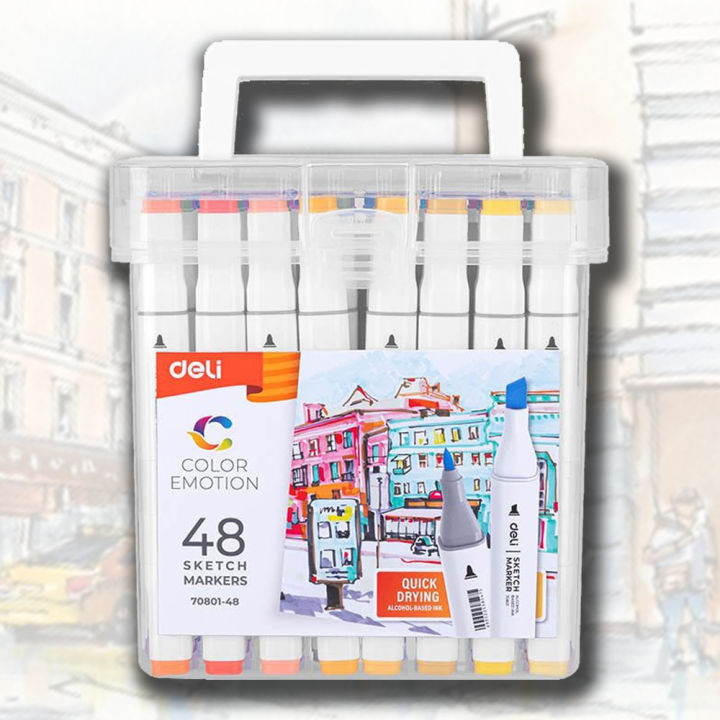 Deli 48 Colors Sketch Markers Set, Double Tipped Fine & Chisel, Markers ...