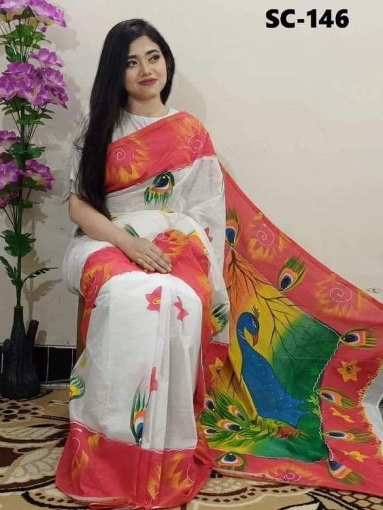 Exclusive Designer Hand Print Resom silk Saree / Resom suti Saree Super ...