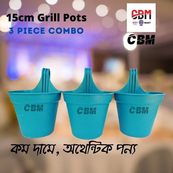 Grill Hanging flower planter tob for Balcony | Plastic 15 cm 3 Pcs blue ...