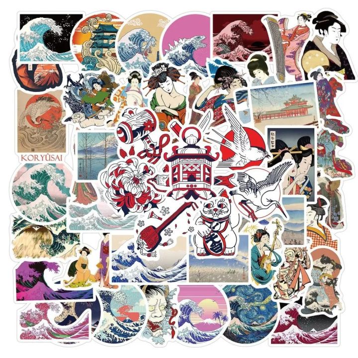 【Lejia】50pcs Vintage Wave Doodle Sticker Japanese Style Ukiyo-e Art ...