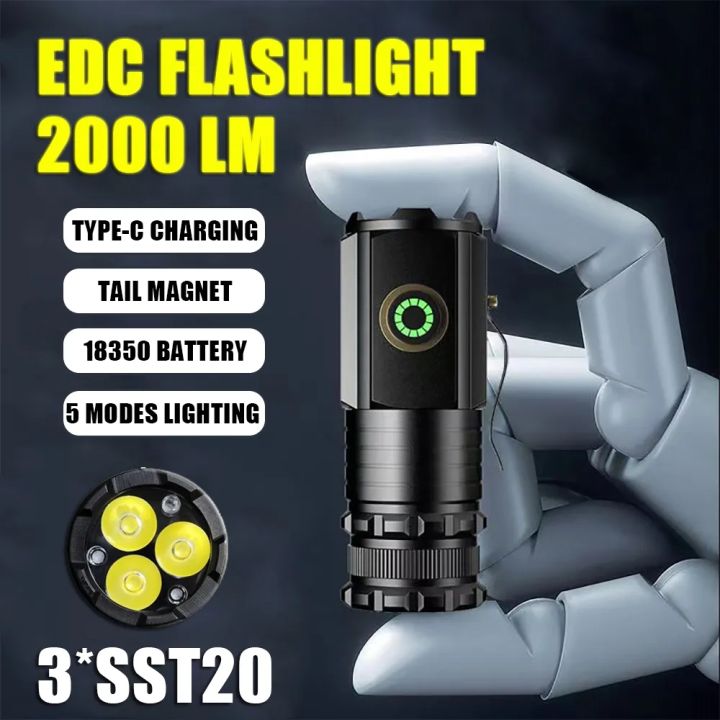 Powerful 3 F350 LED Flashlight Type-C Rechargeable 18350 Battery Mini ...