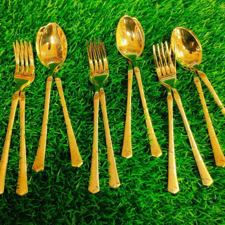 Cutlery Tea & Fork Spoon 12 Pcs Set Golden Color. Dessert Spoon, Coffee ...