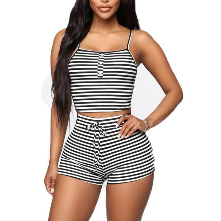 Women 2pcs Set Striped Slim Pajama Set Sleepwear y Sleeveless Stripe ...