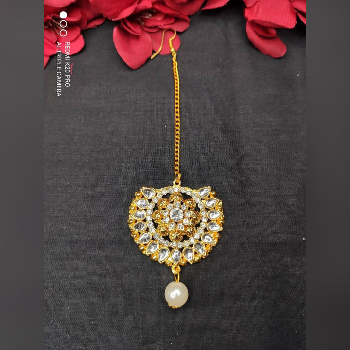 Weeding Party Gold Plated Stoned Pearl Golden TIkli for Girls/Ladies ...