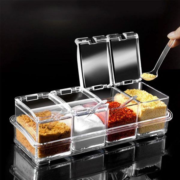 4 in 1 Acrylic Crystal Seasoning Box with Spoons, Transparent Spice ...
