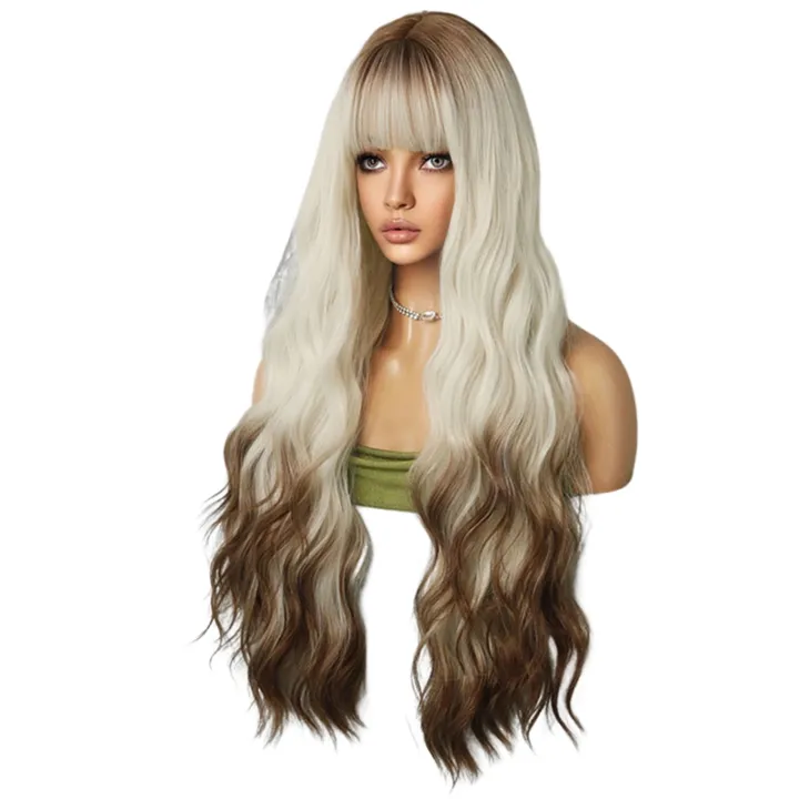Center Parted Wig Bangs Water Ripple Chemical Fiber Wig Long Curly Wig ...