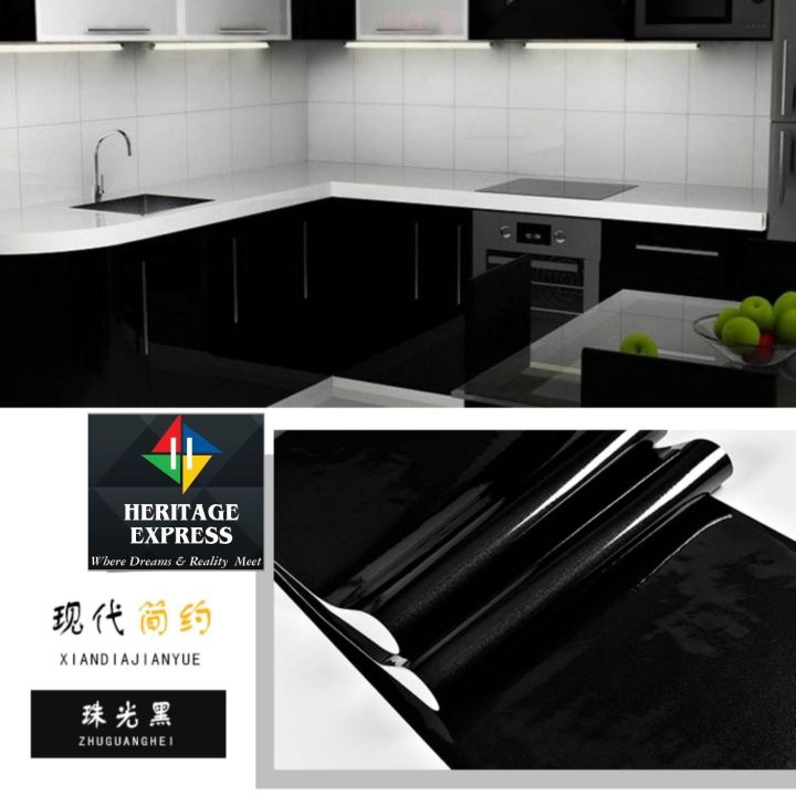 2M - Black Self-adhesive Wallpaper, Solid Color Glossy Film Wallpaper ...