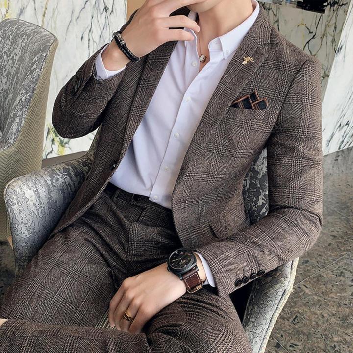 Men Luxury Slim Fit Check Suits Men Boutique Business Casual Formal ...