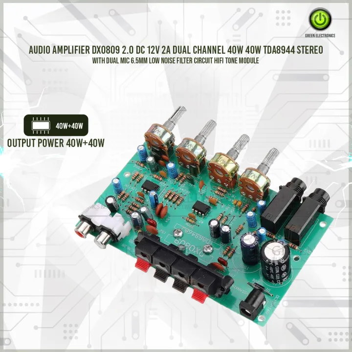 Audio Amplifier DX0809 2.0 DC 12V 2A Dual Channel 40W 40W TDA8944 Stereo With Dual MIC 6.5mm Low ...