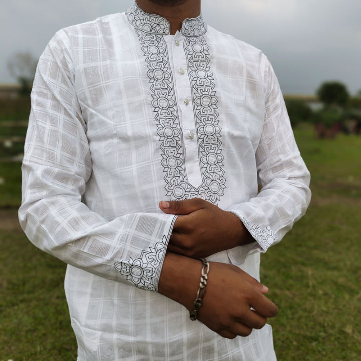 Premium Aarong Quota Cotton White Panjabi for Men – Semi Long Stylish ...