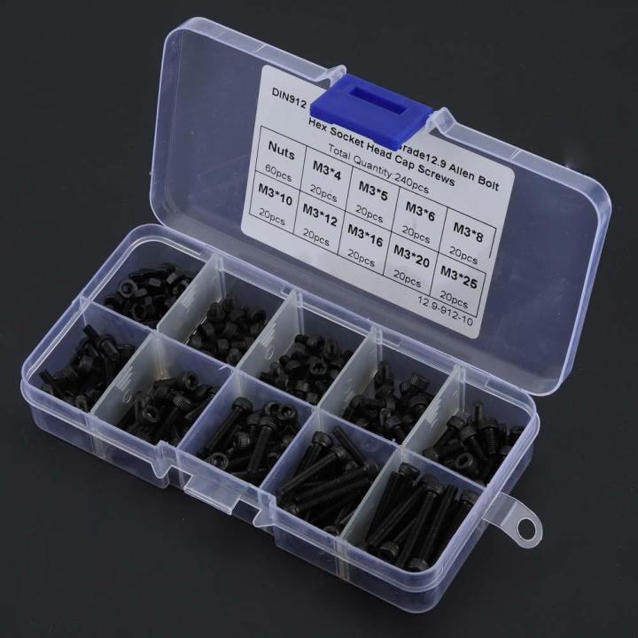 240pcs M3 Black CylindricalHex Socket Cup Head Screws Assortment Kit ...