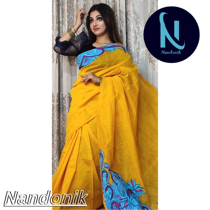 Hand Painted Half Silk Moslin Saree | Daraz.com.bd