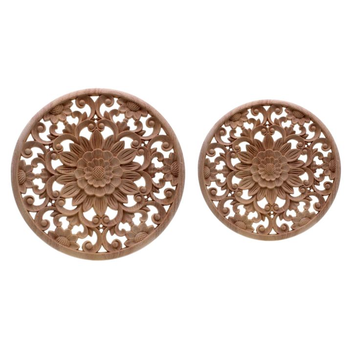 2Pcs Carved Flower Carving Round Wood Appliques for Furniture Cabinet ...
