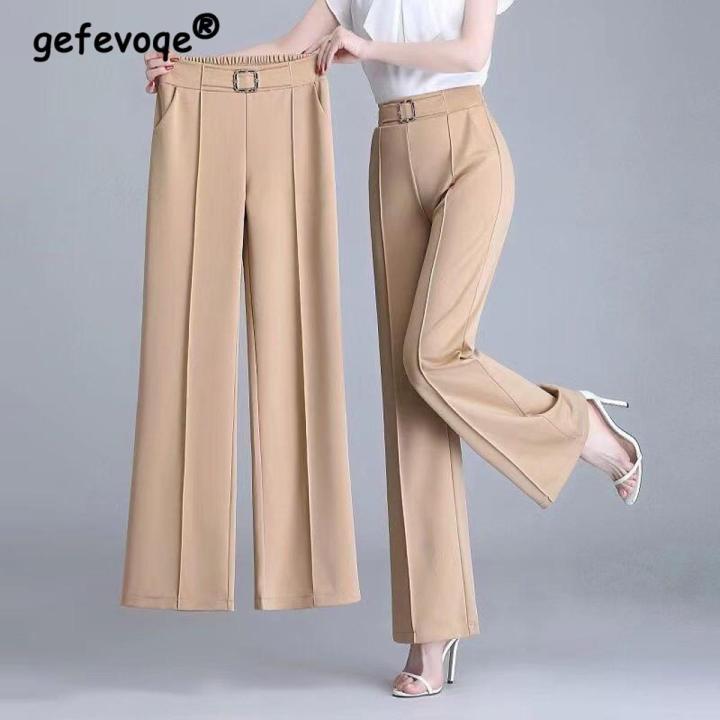 Elegant Fashion Office Lady Belt Straight Suit Trousers Women 2023 Spring Summer High Waist Pockets All Match Wide Leg Pants 4XL Daraz .bd