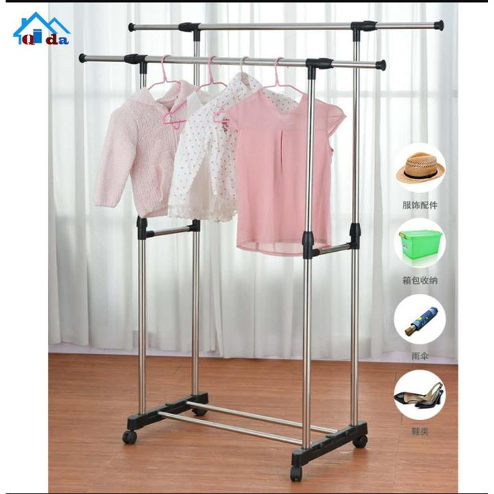 Stainless Steel Telescopic Double-Pole Clothes Hanger/Rack with Rolling ...