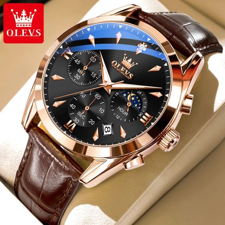 OLEV-S 3609 Original Moon Phase Chronograph Man Watch Leather Strap ...