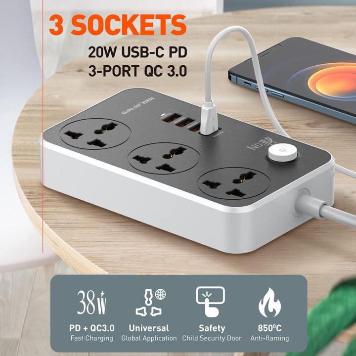 LDNIO SC3412 Power Strip 3 Universal Socket Qc3.0 USB port 2m UK Plug ...