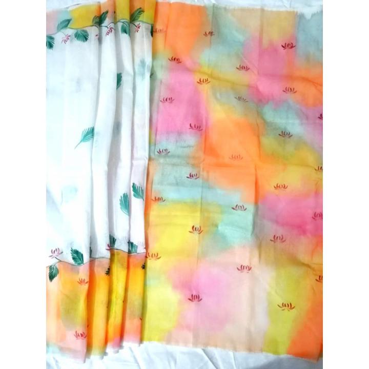 white color hand painted rainbow themed half silk saree - Sari | Daraz ...