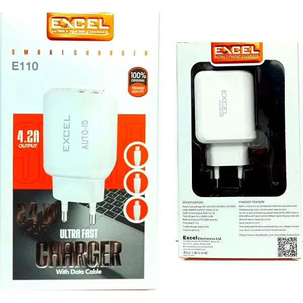 Excel E110 Ultra Fast Charger 4.2A Charging Adapter 24W Fast Charging ...