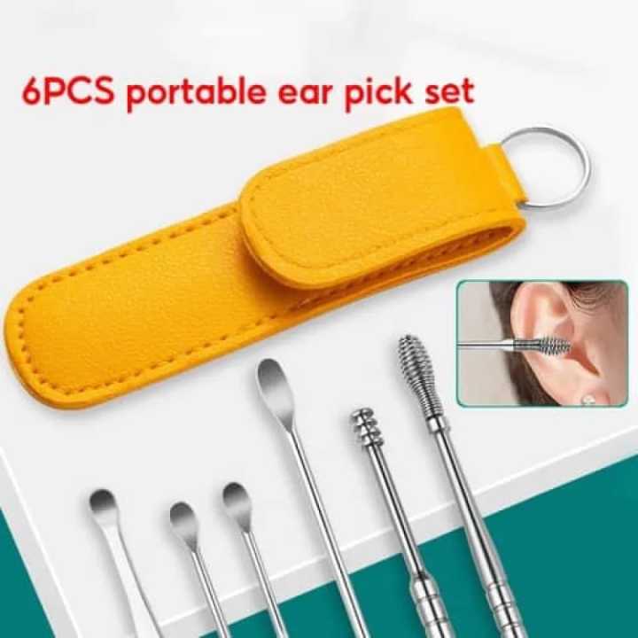 6PCS Ear Pick Set Portable Ear Cleaner Set Stainless Steel With Lather ...