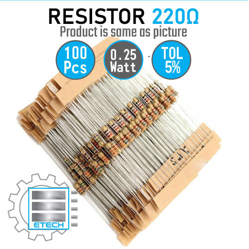 100Pcs - 220 Ohm Resistor 0.25 Watt 1/4W Carbon Film 5% Tolerance Fixed ...