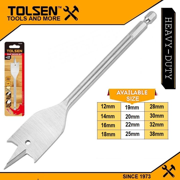TOLSEN Flat Wood Bits with 1/4" Hex Shank, Length:152mm, for Drill ...