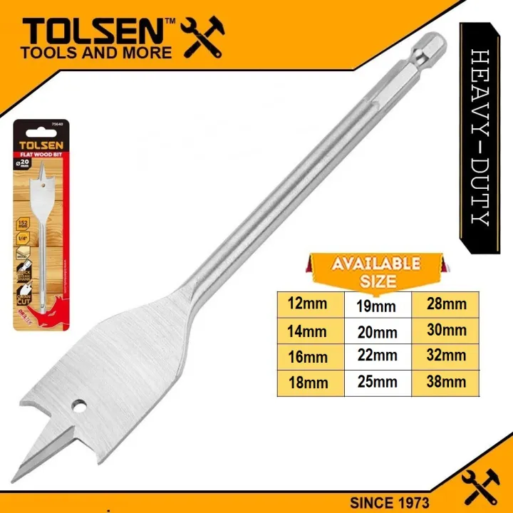 TOLSEN Flat Wood Bits with 1/4" Hex Shank, Length:152mm, for Drill ...