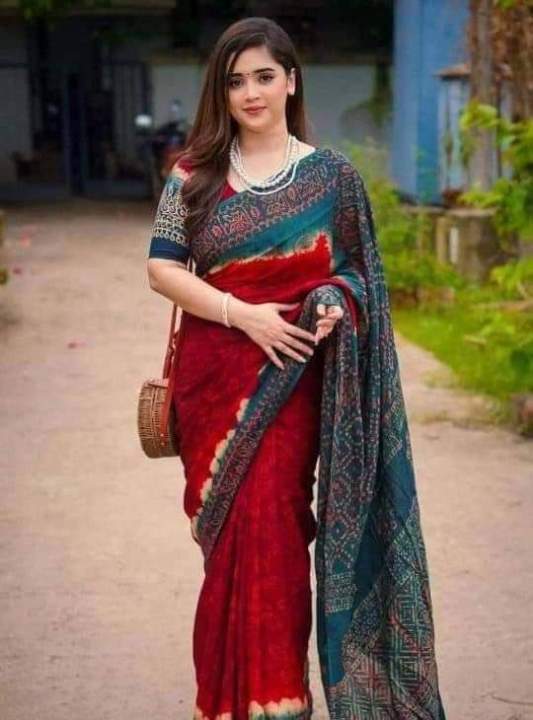 Most Popular Soft Pure Chanduri Gree Batik Print Saree For Women.Best ...