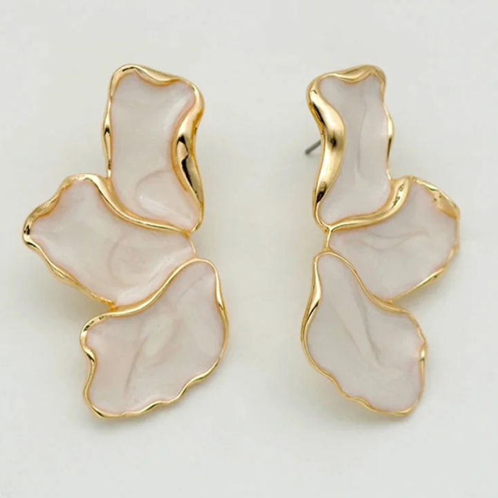 Metal Flower Cream Epoxy Earring Stud Women Fashion Gold Color Plating Irregular Post Earrings ...