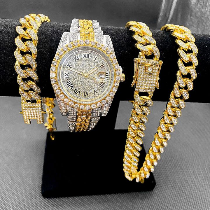 Full Iced Out Watches Mens Cuban Link Chain Bracelet Necklace Choker ...