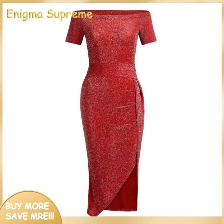 Enigma- Lady Dress Short Sleeve Slash Neck Strapless High Split Dress ...