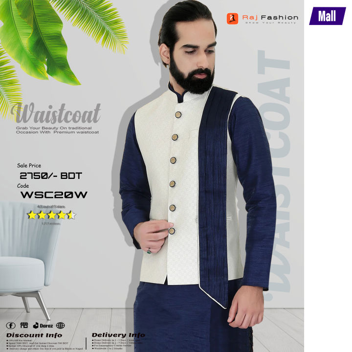 Raj Fashion Printed Satin Nehru Jacket in Off White vest - waistcoatv ...