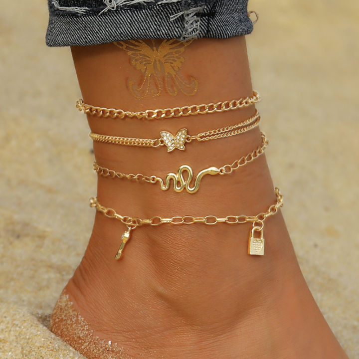 KISSWIFE Bohemia Gold Color Butterfly Snake Ankle Bracelet Set For ...