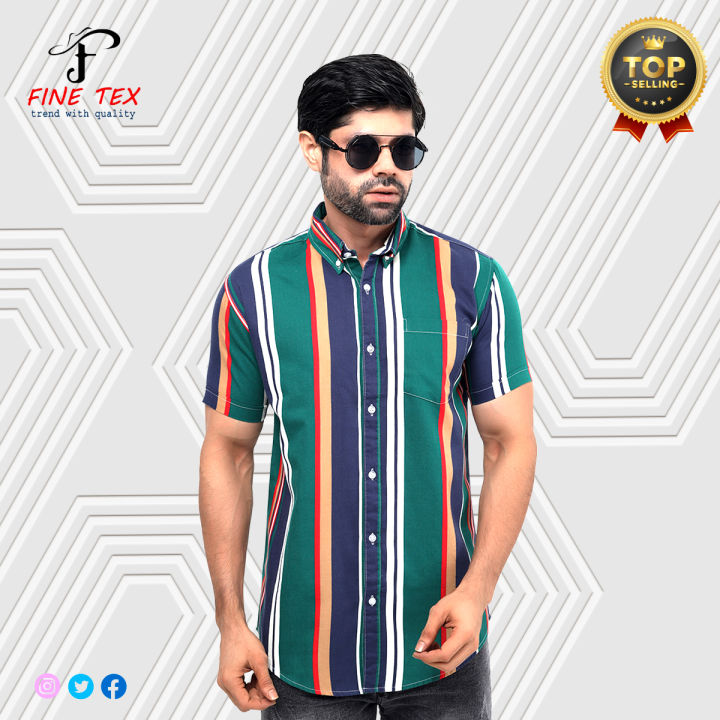 Premium Quality Indian Remi Cotton Fabric Stripe Casual Half Sleeve ...