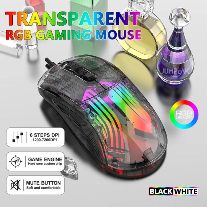 JUMPEAK Transparent RGB Gaming Mouse 7200 DPI USB Wired Mute Computer ...