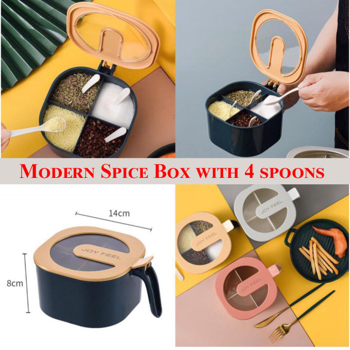 LjLi Set of 4 Seasoning Box with lid and 4 Spoons, Spice Box Four ...