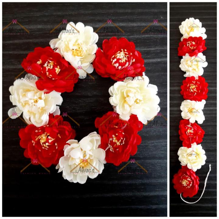 Exclusive Red & White Combination Artificial Hair Flower Bend For Woman ...