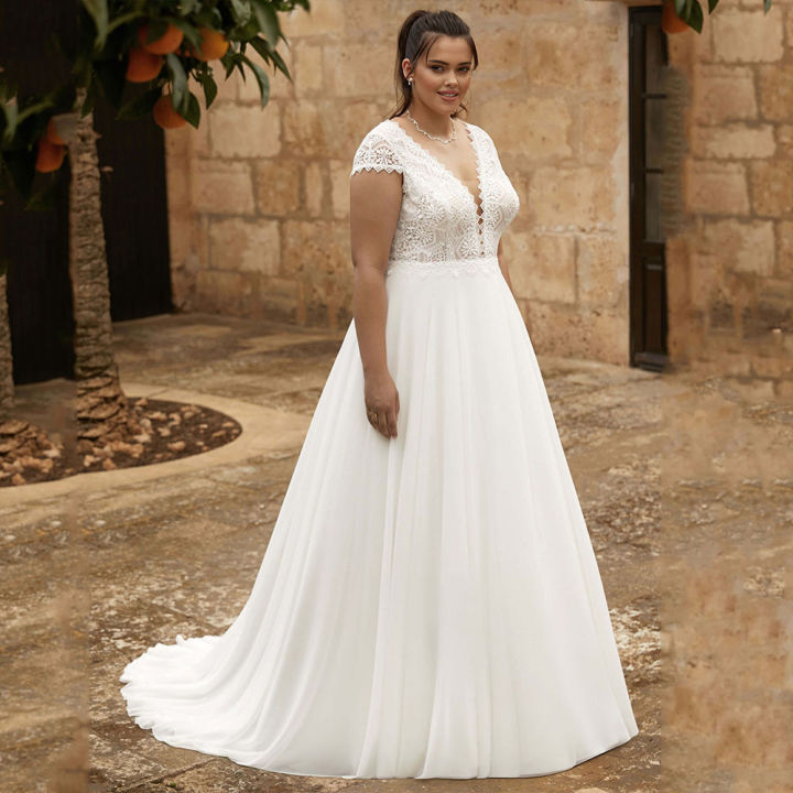 Simple Plus Size Wedding Dresses Short Sleeves Backless Bride Gowns ...