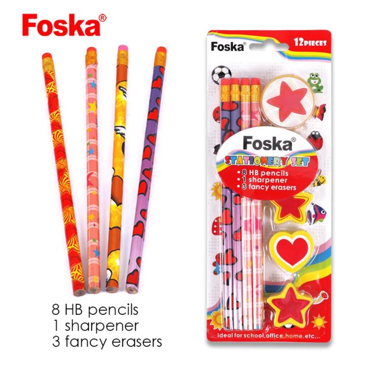 Foska Different Fancy Designs Stationery HB Pencil and Eraser Set ...