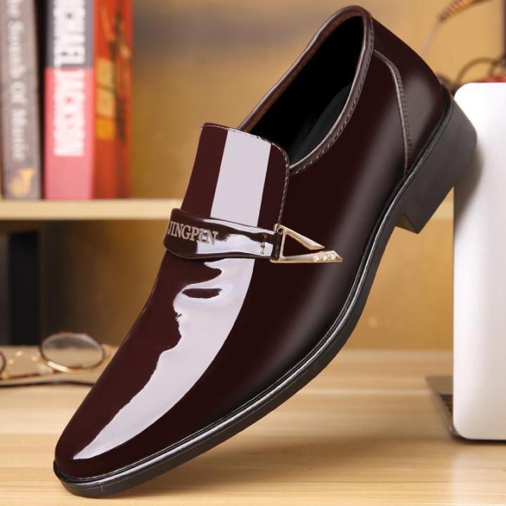 Men's Leather Shoes Glossy Black Business Dress Shoes Office Slip On ...