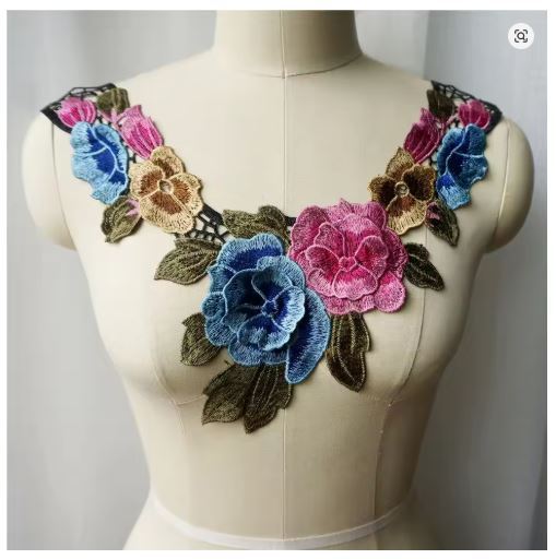 Embroidered Flower Tassel Fabric Multi-colour Collar Flora Leaf Gown ...