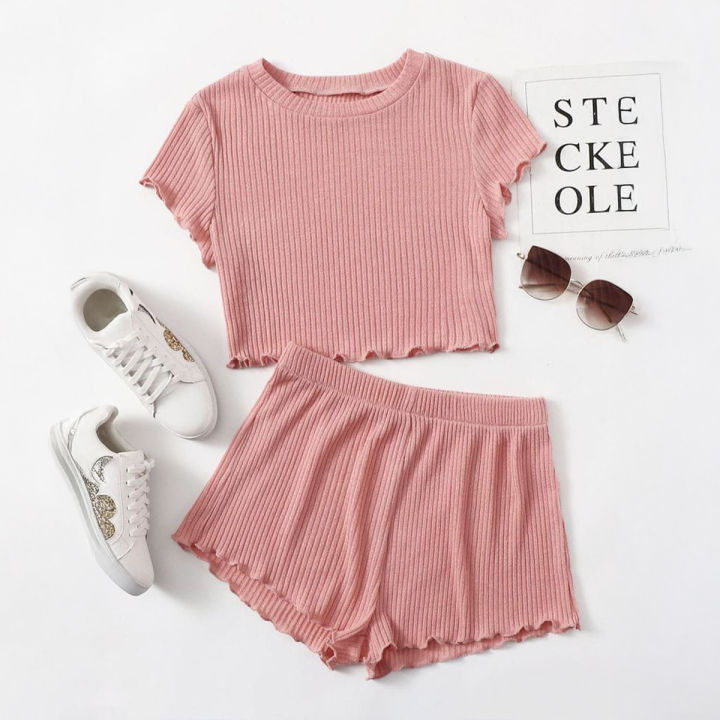 Lettuce Top and Bottom Set for Women, Rib Knit Crop Top and Pant, M,m L ...