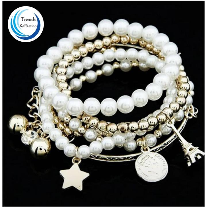 6 PCS SET STAR CHARMS BRACELET ELASTIC MULTILAYER PEARL BEADED BRACELET ...