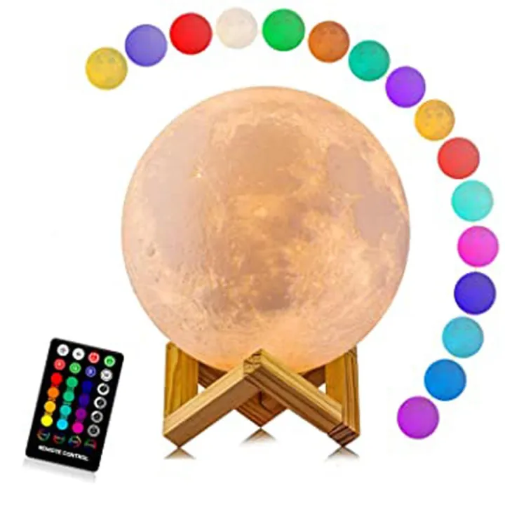 3D Moon Light with Wood Stand & Touching , Remote control Rechargeable ...