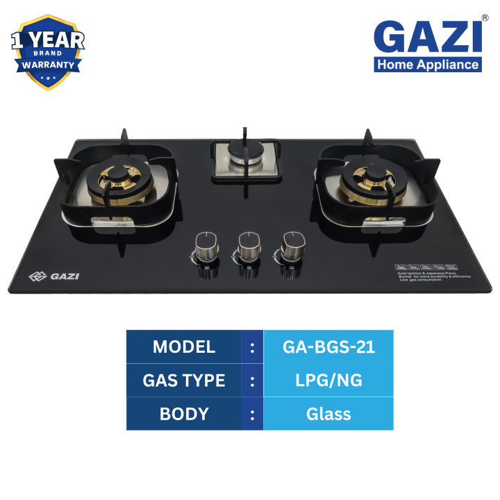 GA-BGS-21 – Gazi Smiss 3 Burner Gas Stove | Auto Ignition | Tempered ...