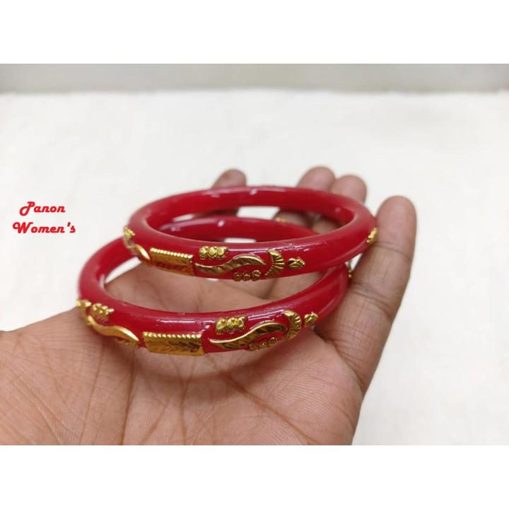 Red Plastic Sakha Pola With Golden Plated 2Pcs Pola Bangles for Women ...